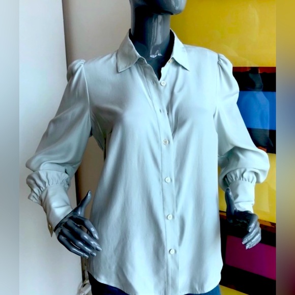 Frame Denim | Tops | Frame Puffsleeve Silk Buttonup Blouse In Ice Blue ...